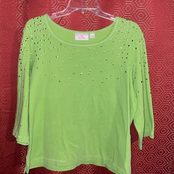 Quacker Factory | Tops | Quacker Factory Green 34 Sleeve Beaded Top L ...